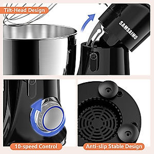 SAMSAIMO 3-IN-1 Electric Stand Mixer, 660W 10-Speed With Pulse Button, Attachments include 6.5QT Bowl, Dough Hook, Beater, Whisk for Most Home Cooks, Onyx Black, 13.7x12.6x8.3, 1533P