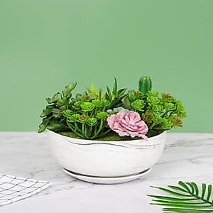 Fengson 8in Pink Marble Pattern Large Round Succulent Planter Pot Modern Flower Pot Indoor and Outdoor Planter with Marble Tray and Drainage Holes