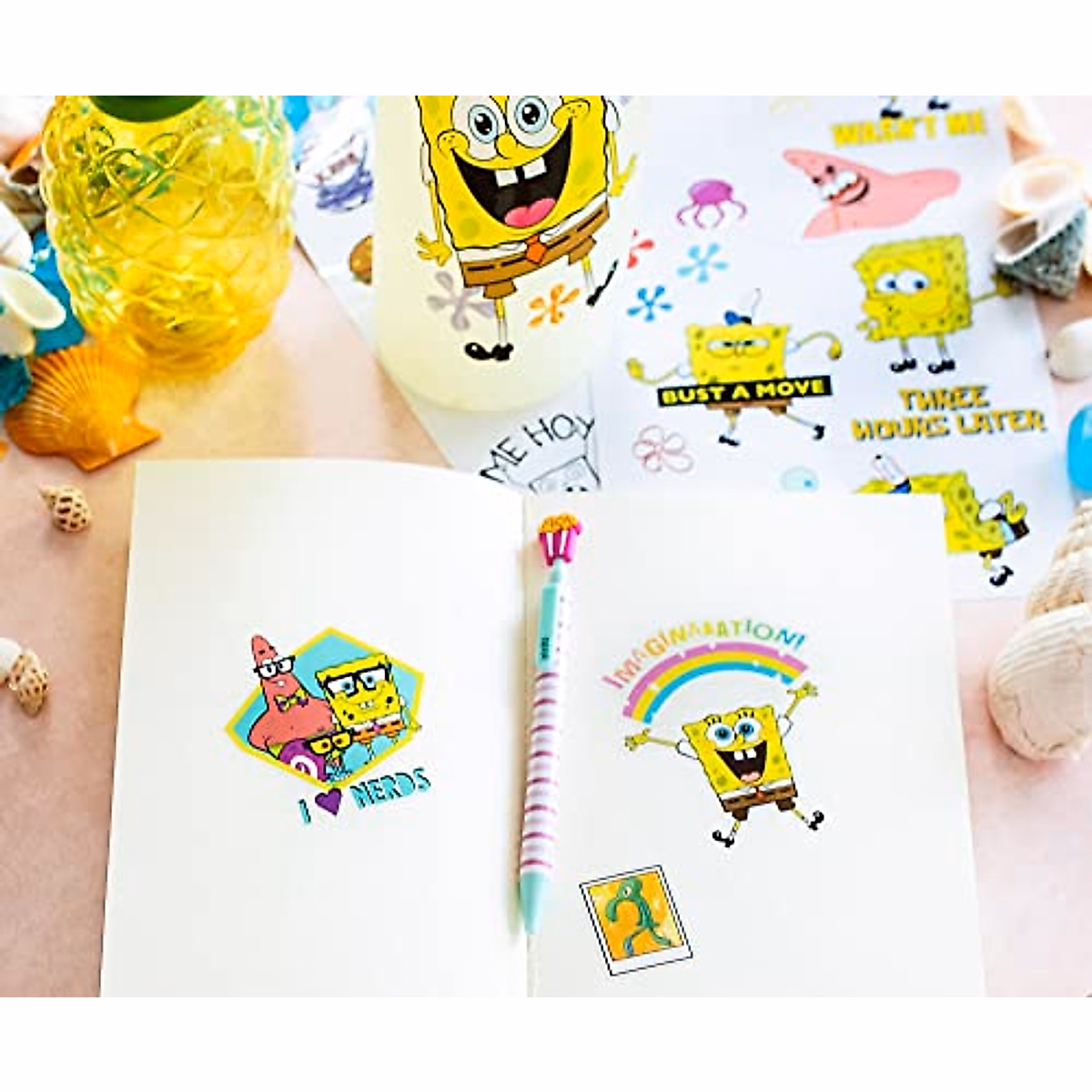 Silver Buffalo SpongeBob SquarePants Happy Laugh Flowers 32-Ounce Twist Spout Water Bottle And Sticker Set | BPA-Free Plastic Sports Jug