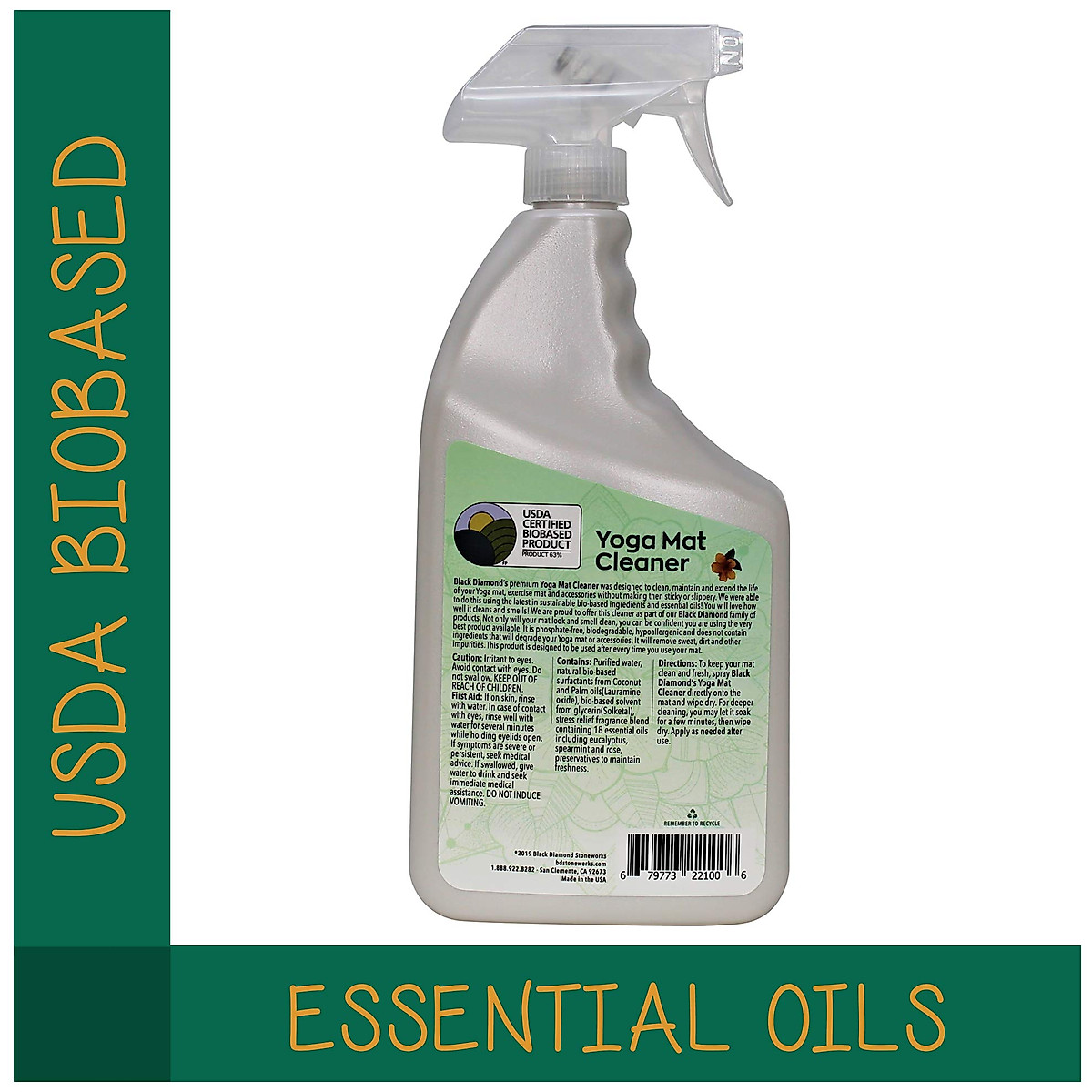Black Diamond Stoneworks Yoga Mat Spray Cleaner: USDA Certified BIOBASED- Essential Oils, Safe for All Type of Materials, Exercise, Pilates, or Workout Mats. (1 quart)
