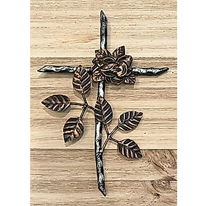 Top Brass Decorative Floral Wall Cross - Welded Wrought Iron - Leaves, Branches and Flowers Religious Metal Art Sculpture - Antique Silver/Copper Finish (Leaves and Rose)