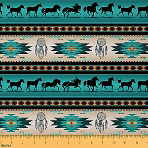 Horse Upholstery Fabric, Dream Catchers Fabric by The Yard for Cowboy Cowgirl, Southwestern Native Aztec Horses Decorative Fabric, Bohemian Tribe Farmhouse Wildlife Animal Fabric, Green, 1 Yard