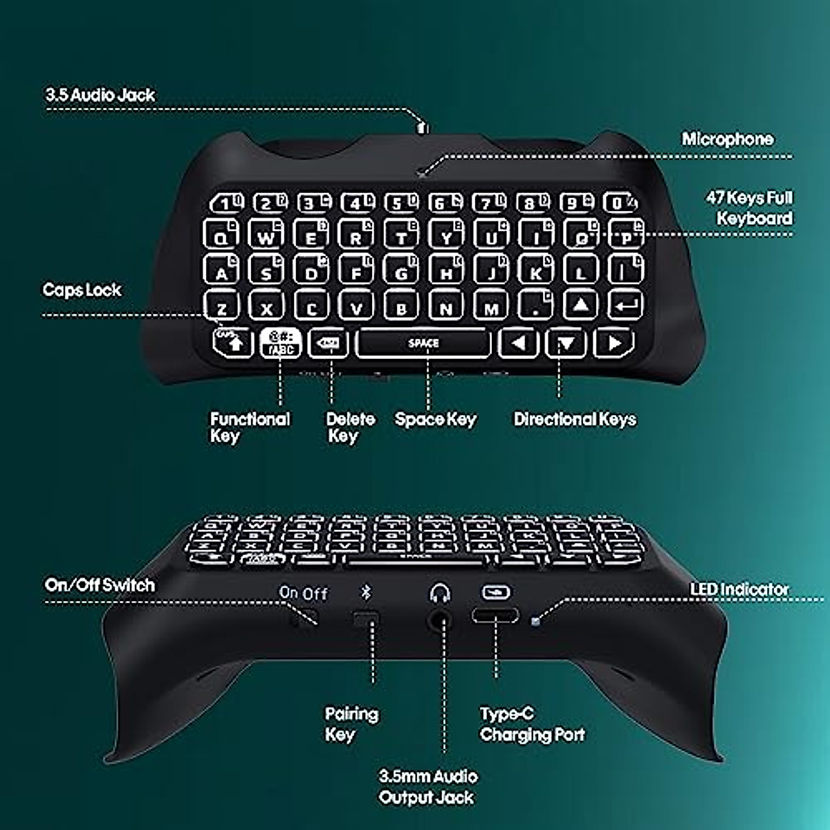 TiMOVO Green Backlight Keyboard for PS5 Controller, Wireless Bluetooth Keypad Chatpad for Playstation 5 Controller, Mini Game Keyboard Built-in Speaker with 3.5mm Audio Jack, Black+White Frame