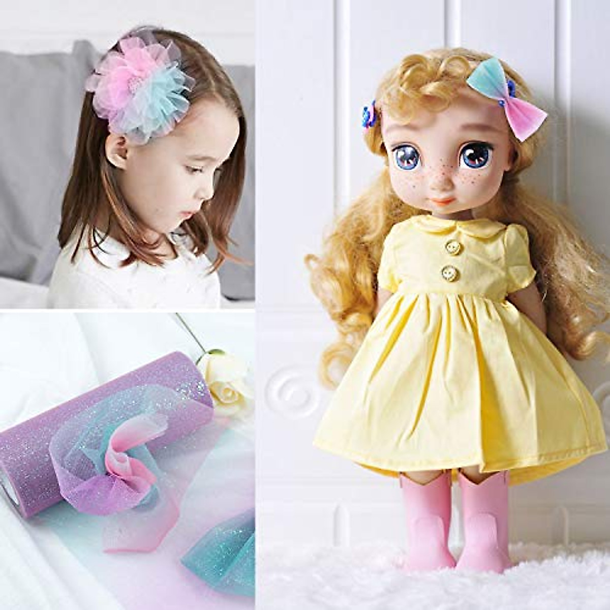 AUEAR, 2 Pack Total 60 Feet x 6inch Glitter Tulle Netting Rolls for Table Runner Chair Sash Bow Wedding Unicorn Party Pet Tutu Skirt Sewing Crafting Fabric Birthday Gift Ribbon (Rainbow Pack)