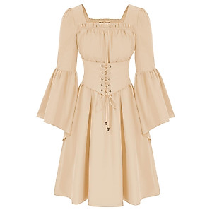 Fairy Dress for Women Short Medieval Dress Long Sleeve Ren Fest Costume Square Neck Corset Dress Apricot 2XL