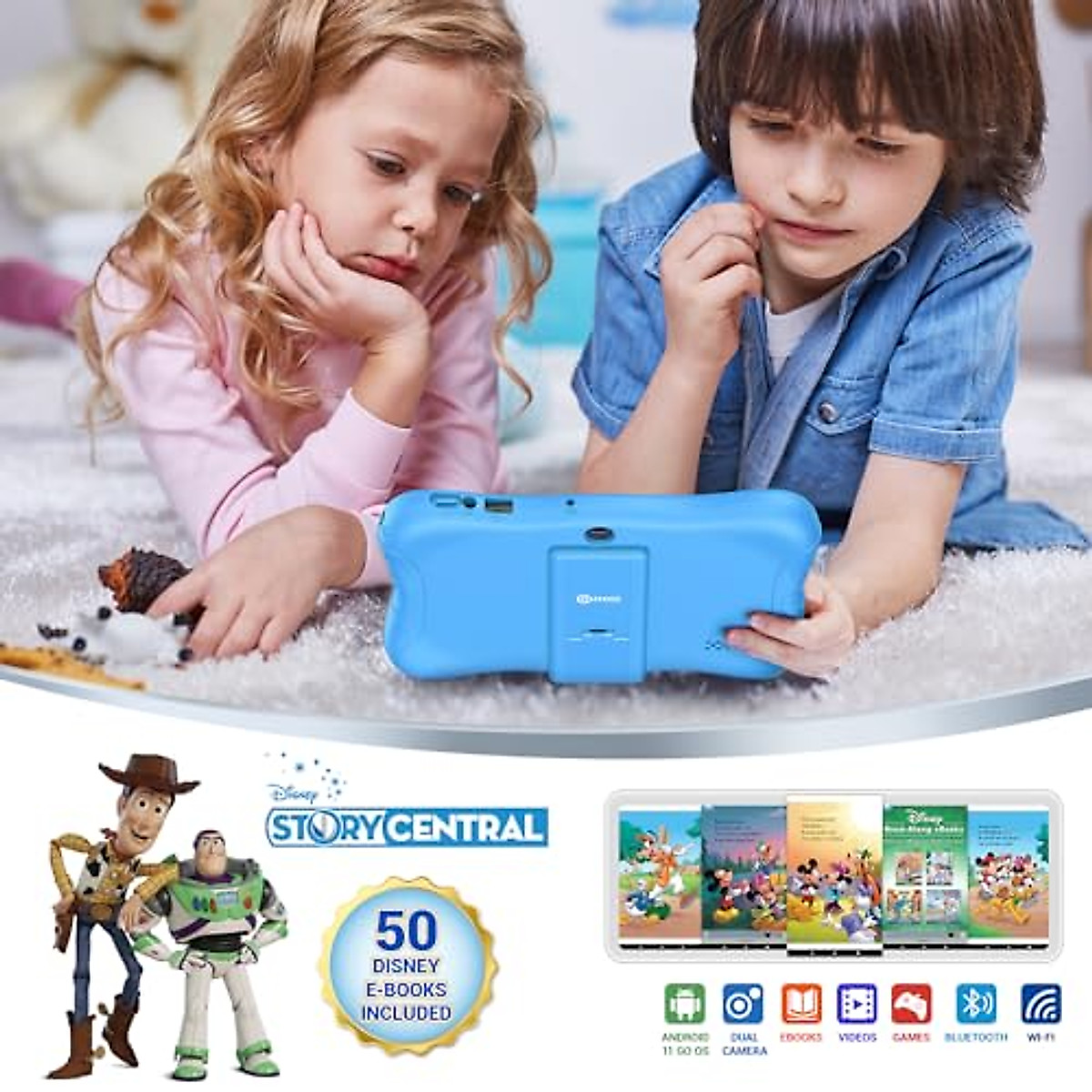 Contixo 7" Android Kids Tablet 32GB, Includes 50+ Disney Storybooks & Stickers (Value $200), Protective Case with Kickstand, (2023 Model) - Blue