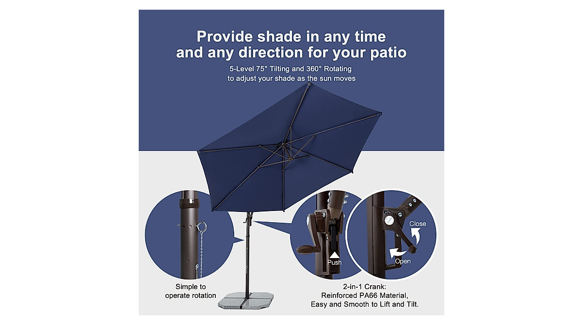 Tempera 10ft Deluxe Cantilever Umbrella, Offset Umbrella with 360° Rotation, 3-year Nonfading ...