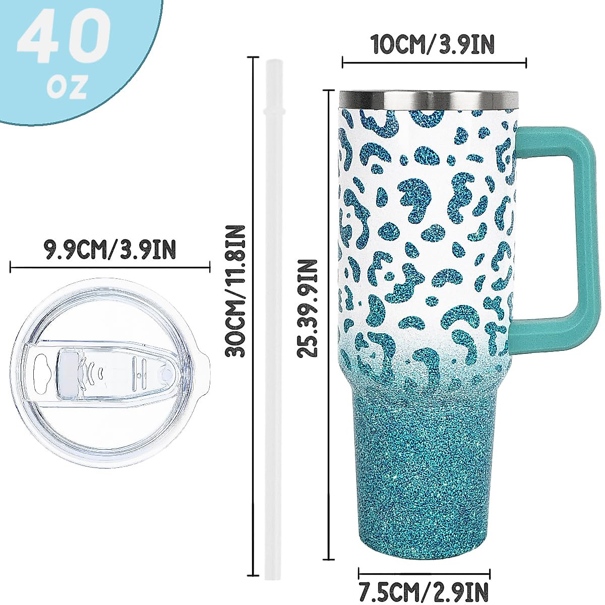 Rcvlauf 40oz Tumbler with Handle and Straw Leopard Tumbler Leak Proof Insulated Cup 40oz Mint Green Leopard Coffee Travel Mug Leopard Decor Stuff Gifts for Women