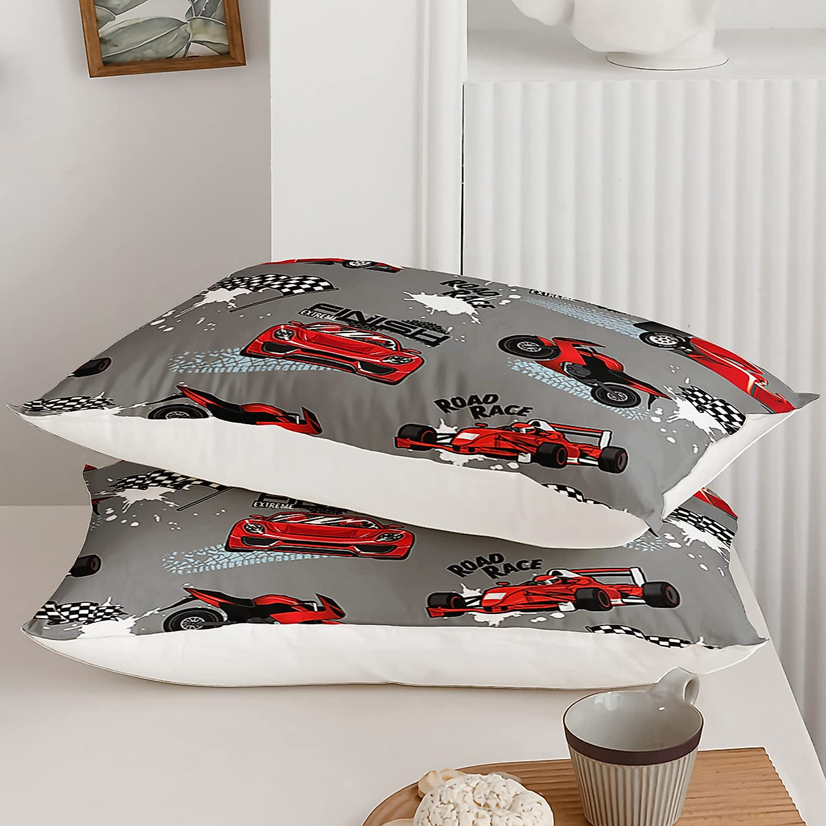 Axolotl Kid Comforter Set Twin Size,Racing Car Bedding Set for Boys Girls Teen Kids Children Car Racing Gifts,Race Cars Quilt Bed Set with 1 Comforter 2 Pillowcases,Red Grey