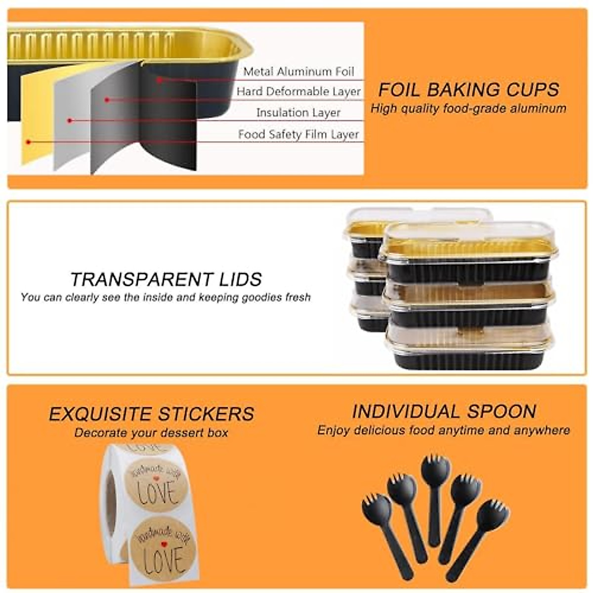 Mini Loaf Pans with Lids, 6.8oz Mini Cake Pans Aluminum Foil Mini Loaf Baking Pans 50Pcs Disposable Long Baking Cups Muffin Tins Brownie Bread Pan Cupcake Liners for Wedding Birthday Party (Black)