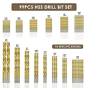 BeHappy Drill Bit Set 99 Pcs, Titanium Coated Drill Bit Set, Drill Bits for Metal and Wood, High Speed Steel Drill Bit Set for Aluminum Alloy, Copper, Wood, Plastic, Hard Storage, 1/16"-1/2"