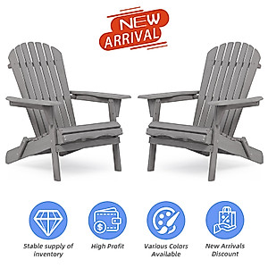 TURRIDU Adirondack Chair Set of 2, Folding Outdoor Patio Chair with Wide Armrest and High Back, Half Pre-Assembled Wooden Fire Pit Lounge Chairs for Garden, Lawn, Backyard, Deck, Pool Side, Grey
