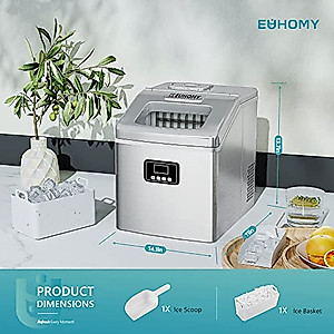 EUHOMY Countertop Ice Maker Machine, 40Lbs/24H Auto Self-Cleaning, 24 Pcs Ice/13 Mins, Portable Compact Ice Maker with Ice Scoop & Basket, Perfect for Home/Kitchen/Office/Bar(Silver)