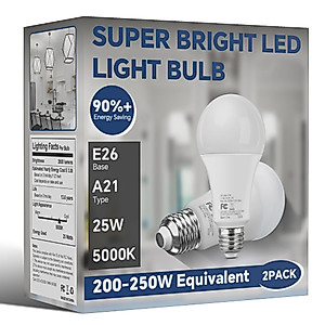 Nouscan 200W Equivalent LED Light Bulb, 2800LM Super Bright A21 LED Bulb, Daylight 5000K, 25W Energy Saving, E26 Medium Base, 120V for Garage, Warehouse, Shop, Living Room, Non-Dimmable, 2 Pack