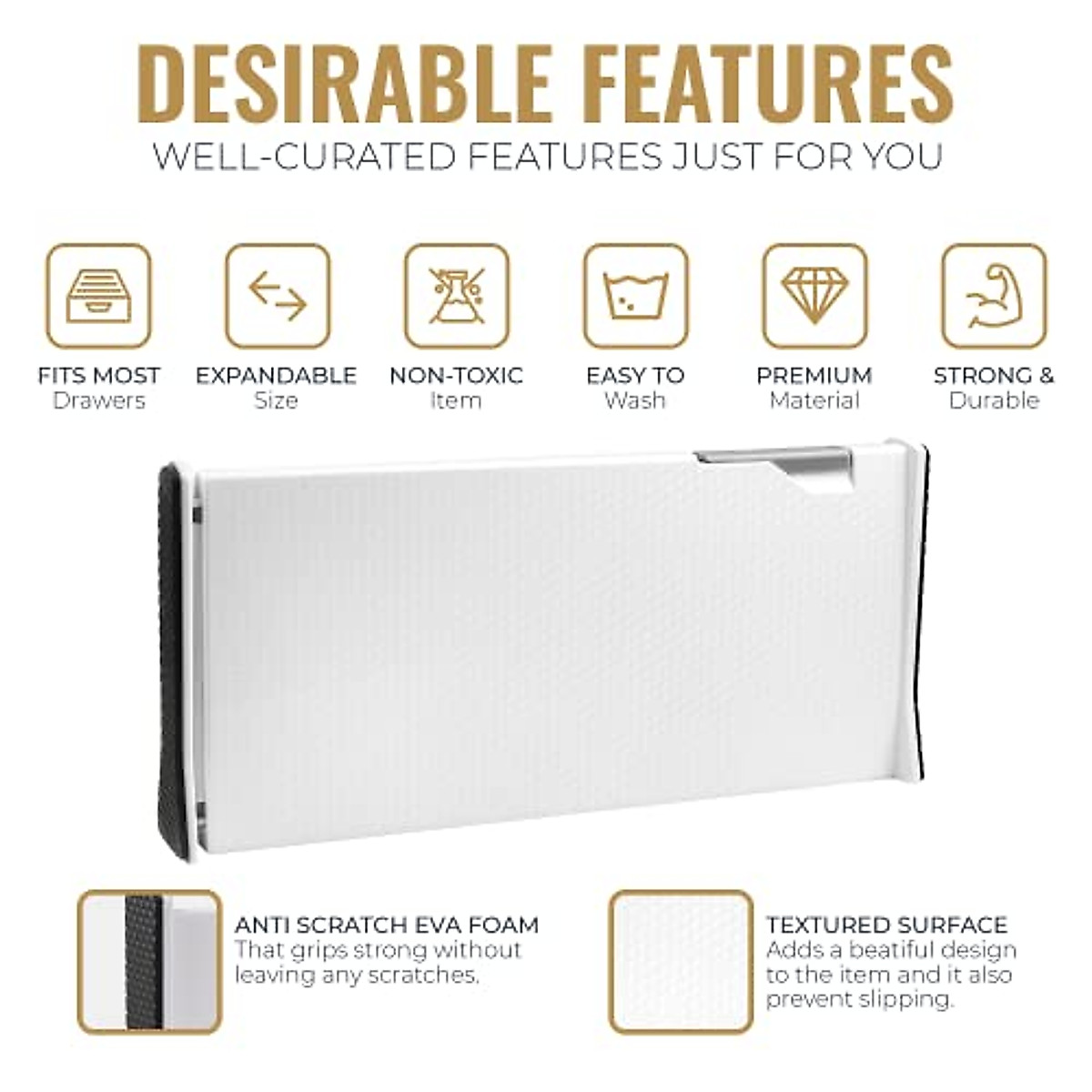 RAPTUROUS Deep Drawer Divider - 6 Inches High, Expands from 13.5-22 Inch, Adjustable Tall Dividers for Kitchen, Bedroom - Expandable Organizers for Clothes, Baby Dressers - 4 Pack White Deep Separator