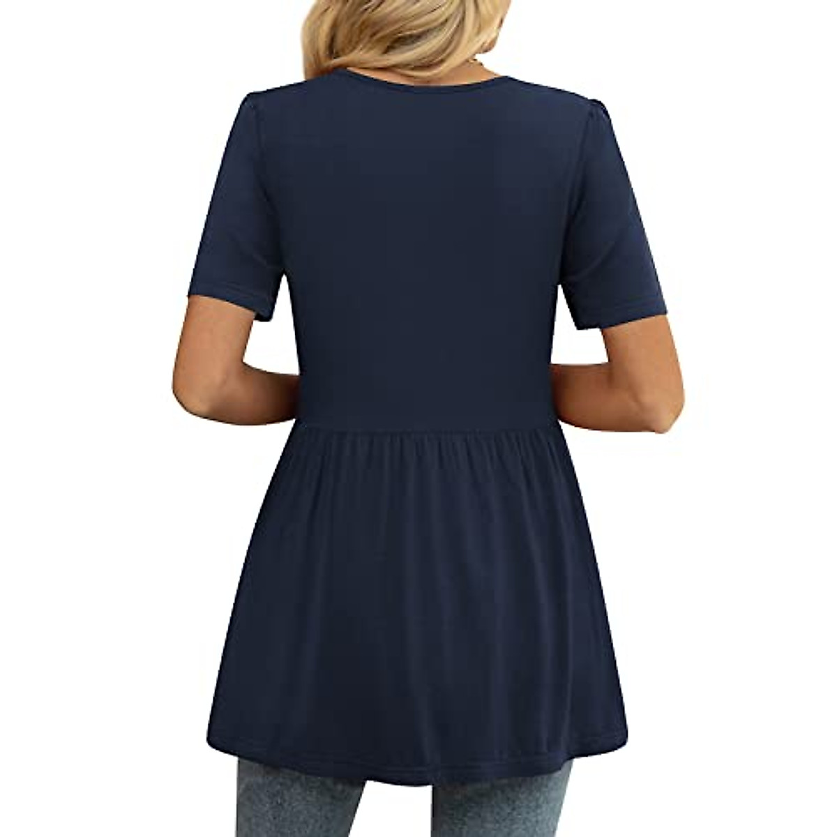 YVH Women's Tunic Tops for Summer Casual V-Neck Babydoll Shirts Short Sleeve Blouse, Navy Blue, XL