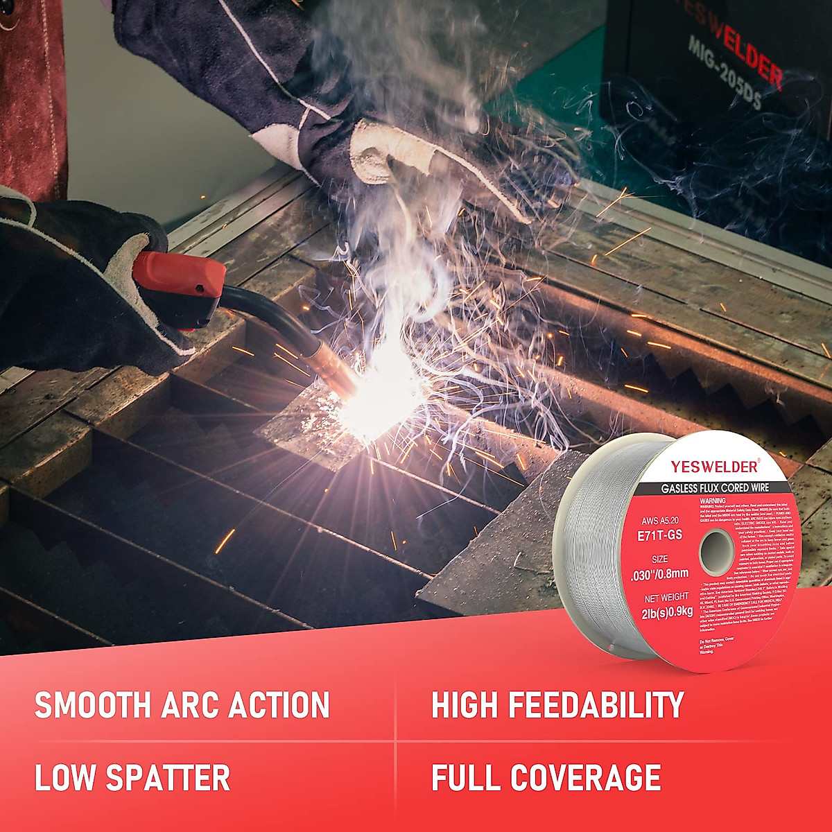 YESWELDER Flux Core Gasless Mig Wire, Mild Steel E71TGS .030-Diameter, 2-Pound Strong ABS Plastic Spool