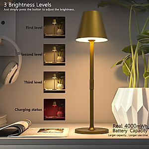 Timjorman LED CordlessTable Lamp,4000mAh Rechargeable Battery Desk lamp,3 Level Brightness Beside Night Light, Minimalist Design, for Couple Dinner/Coffee Table/Restaurant/Bedroom(Bronze 2PACK)