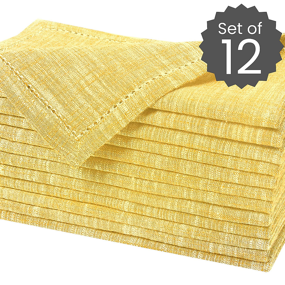 Cotton Clinic 12 Pack Farmhouse Style Slub Textured 18x18 Cloth Dinner Napkins, 100% Cotton for Everyday Use and Events - Soft and Durable Cocktail Napkins, Wedding Dinner Napkins, Yellow