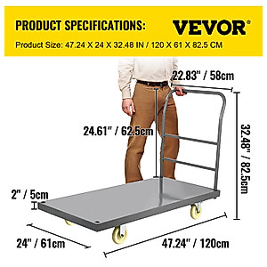 VEVOR Heavy-Duty Platform Truck, 2000 LBS Steel Flatbed Cart, 47" L x 24" W x 32" H Flat Dolly, Hand Trucks with 5" Nylon Casters, Movable Utility Push Carts for Luggage Moving, Shopping