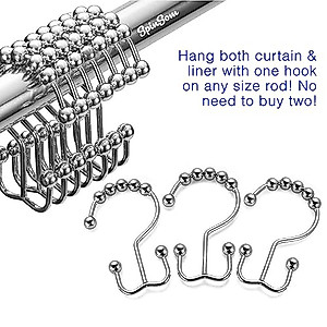 2lbDepot Shower Curtain Rings Hooks - Chrome Finish - Premium 18/8 Stainless Steel - Double Hooks with Easy Glide Rollers Rust Resistant Metal Hook, Six Finishes Available - Set of 12 for Shower Rods