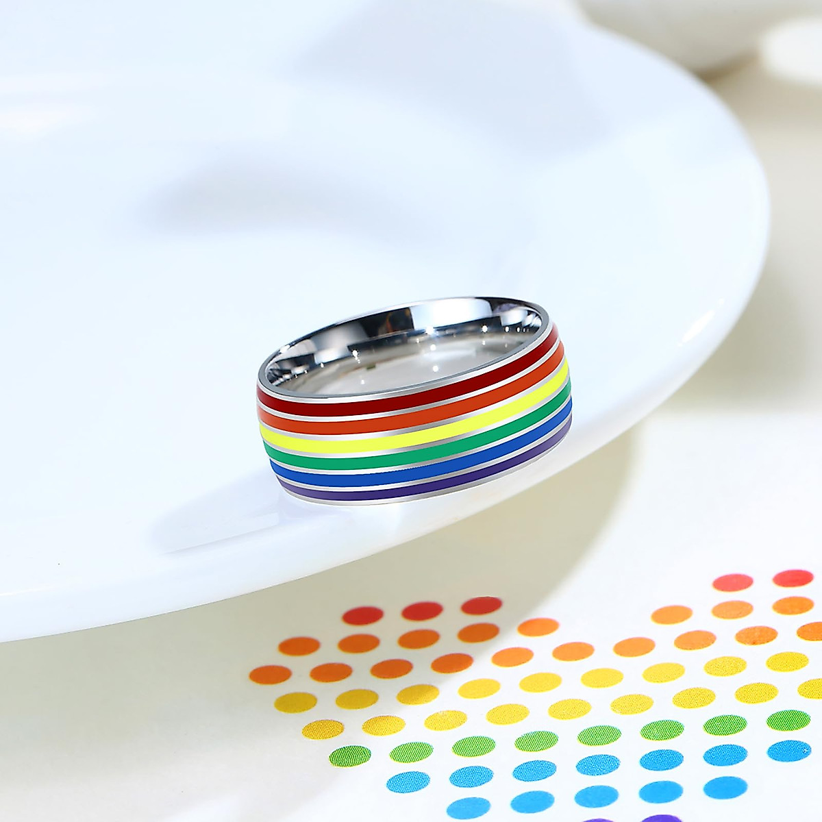 Mintolex Pride Ring Titanium Steel LGBT Rainbow Rings for Gay Lesbian Asexual Bisexual Trans Nonbinary LGBTQ Pride Month Friendship Wedding Promise Band Rings Pride Jewelry Gift for Couples Men Women Size 12, Silver