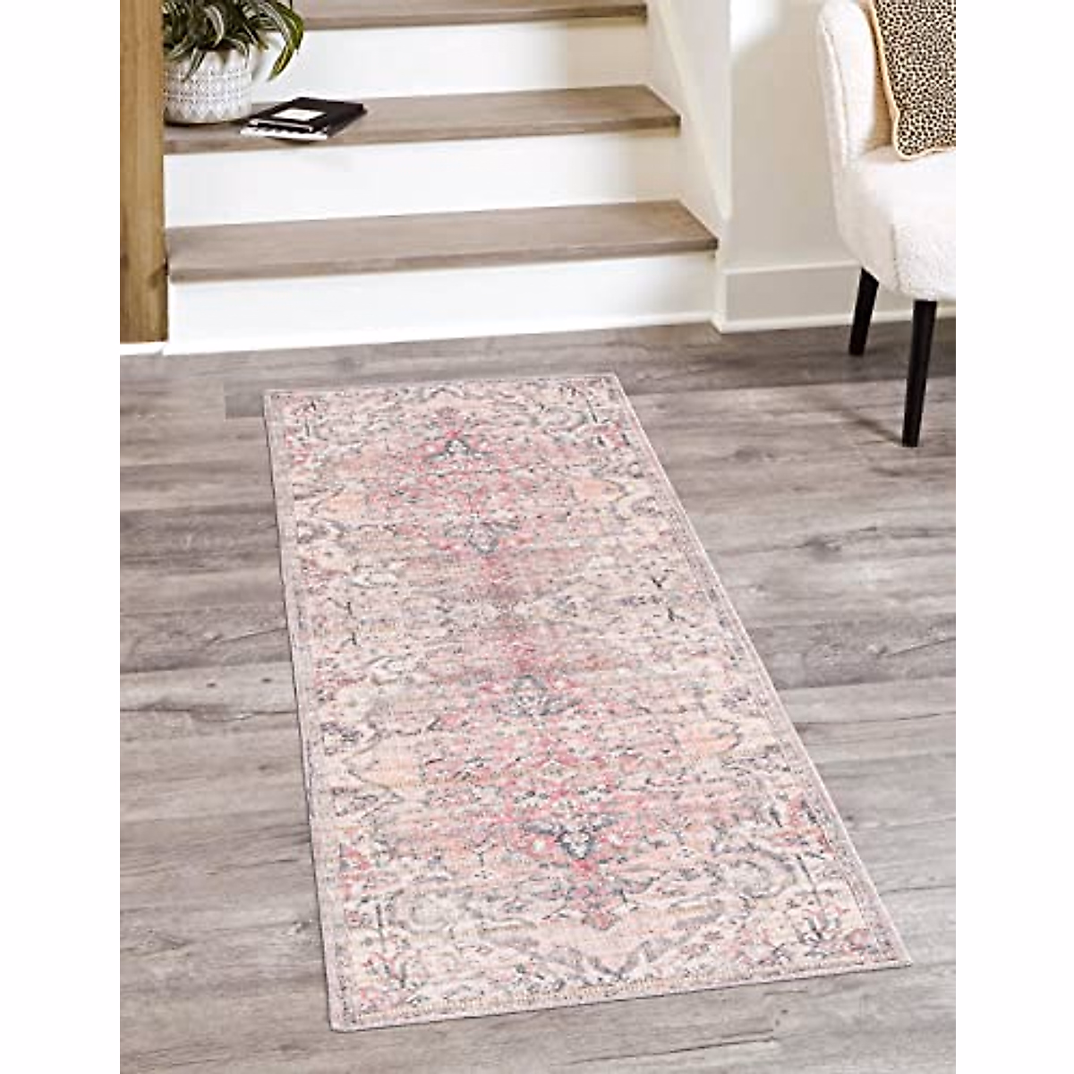 Rugs.com Nostalgia Washable Collection Rug – 2' 7 x 12' Runner Beige Pink Flatweave Perfect for Hallways, Entryways