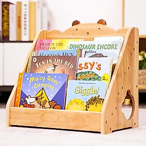 Woodtoe Montessori Bookshelf for Kids, Natural Wood Bookcase with Chalkboard & Storage, Kids Magazine Rack Book Display Organizer, Classroom Bookshelves Kids Furniture Birthday for Boys Girls 3+