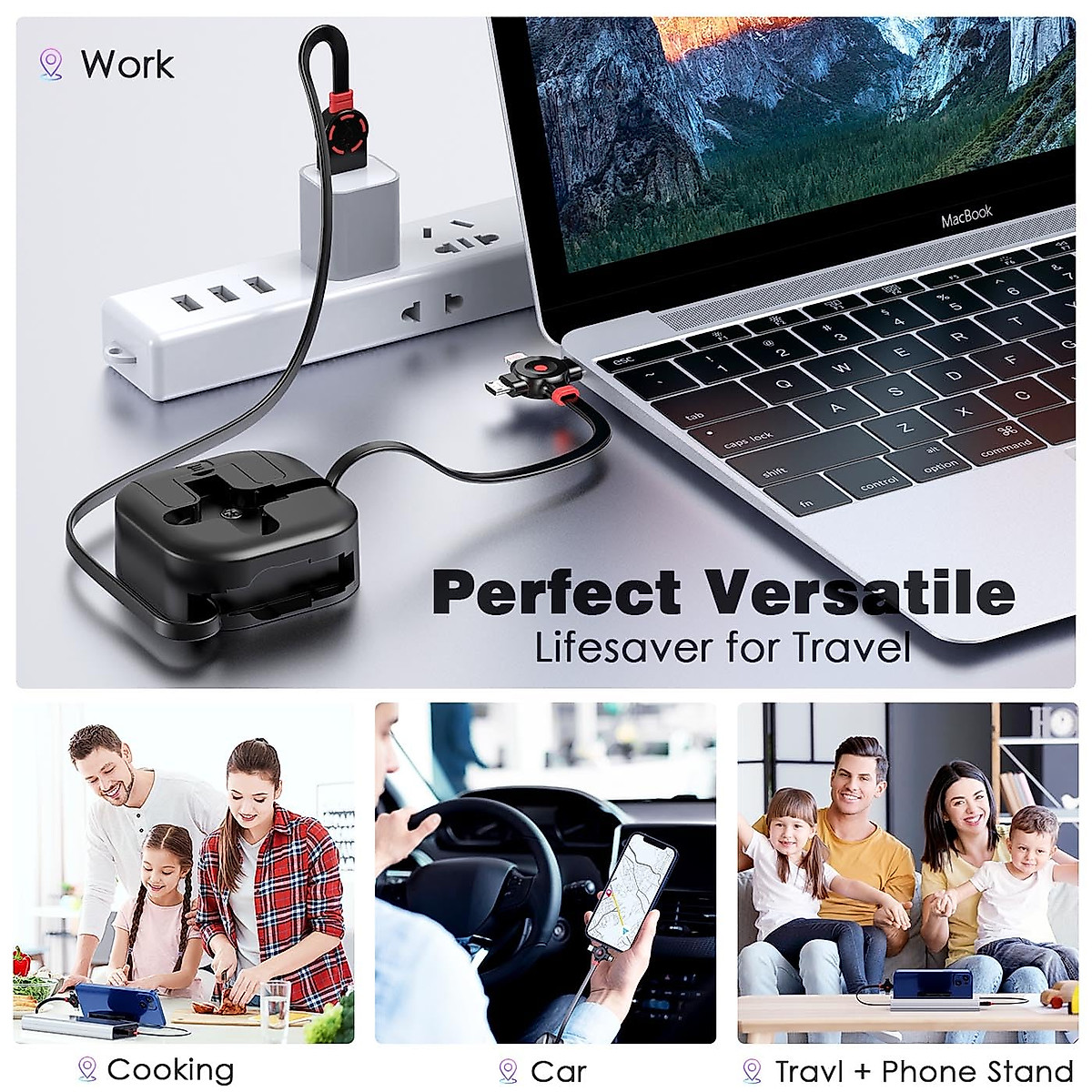 4.5A Multi Charger Cable - Retractable 3-in-1 USB with Lightning/Type C/Micro Ports - 2 Pack 4Ft Fast Sync for iPhone, Samsung, LG, Huawei, Tablets