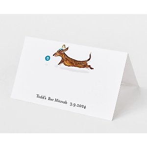 Personalized bar or bat mitzvah Place Cards with Dachshund wearing a yamaka. Folding table tent style. NO INDIVIDUAL NAMES (LEAPING WITH BLUE BALL)