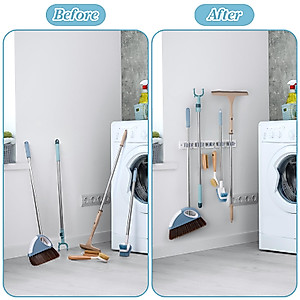 White Broom Holder Wall Mount - Heavy Duty Wood Mop and Broom Organizer with 5 Slots & 4 Hooks - Garden Tool Hanger for Laundry Room Closet Kitchen Garage Storage and Organization - Modern Home Decor