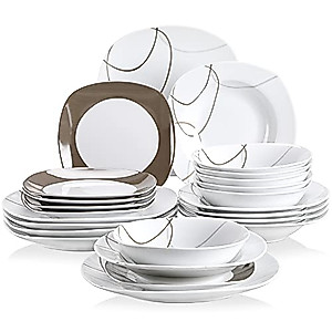 VEWEET, Series Nikita, Plates and Bowls Sets for 6, Square Dinnerware Sets, 24 Piece Dish Modern Plate Set, Minimalist Brown Lines Crockery Set