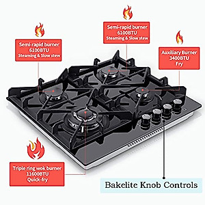 Gas Stove Top 24 inch Eascookchef,24 inch Gas Cooktop 4 Burner,Gas Stove Top NG/LPG Convertible,Black Tempered Glass Dual Burners Propane Cooktop with Thermocouple Protection,Bulit-in Gas Hob