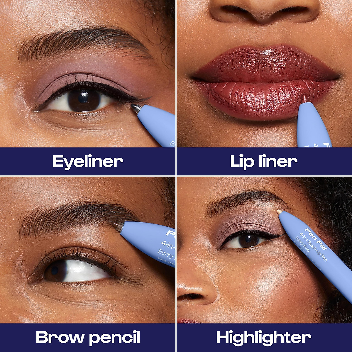 Alleyoop Pen Pal 4-in-1 Touch Up Makeup Pen - Eyeliner in Black, Lip Liner in Berry, Highlighter Stick in Champagne, Eyebrow Pencil in Brown - Travel Makeup Pen, Cruelty-Free & Vegan (Berry Busy)​