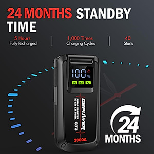 DBPOWER Jump Starter 2000A Peak Portable Car Jump Starter for Up to 8.0L Gas and 6.5L Diesel Engines, 12V Lithium Battery Booster Pack with 2.5" LCD Display, Smart Jumper Cables and LED Light