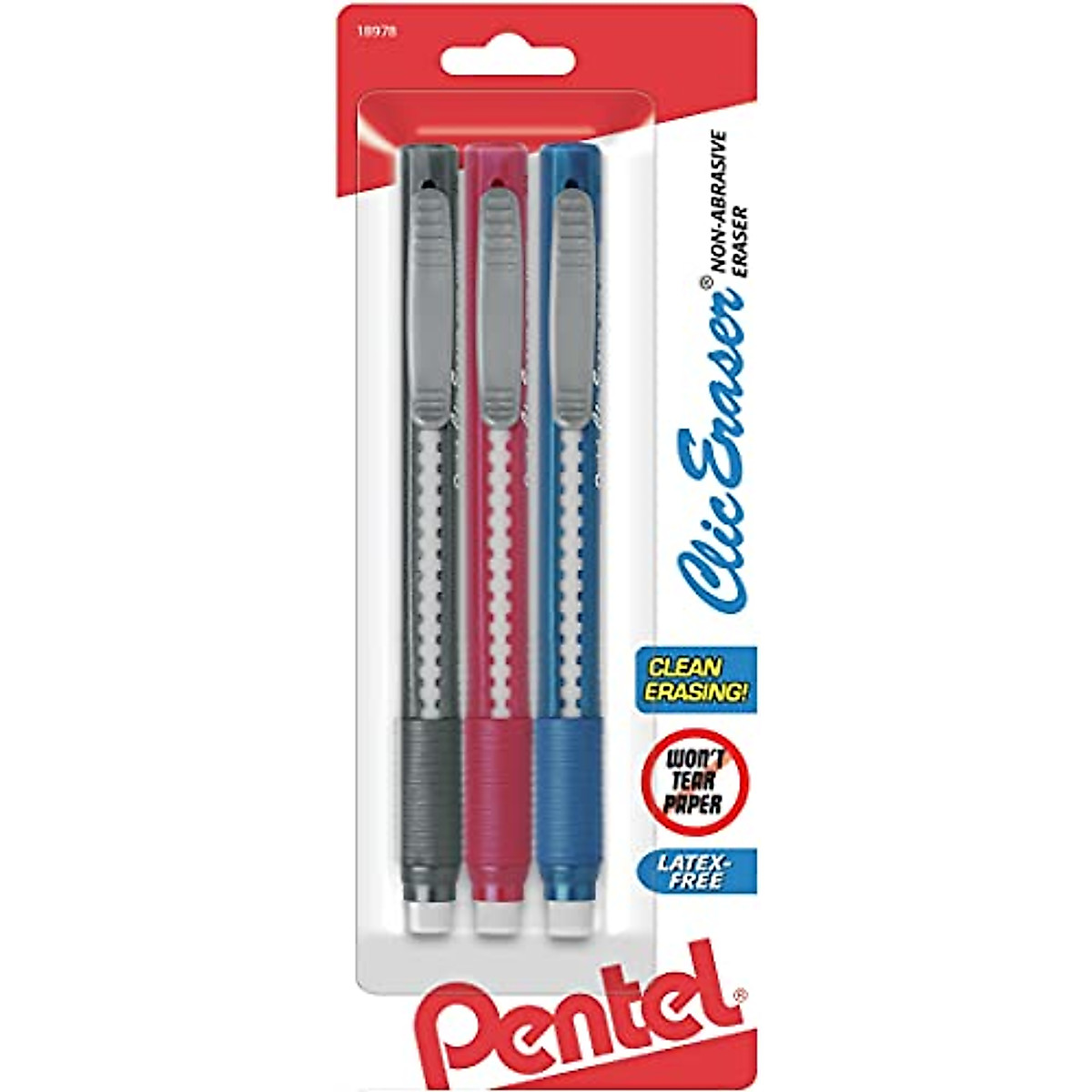Pentel Clic Retractable Eraser with Grip, 3 Pack