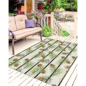 Christmas Outdoor Rugs for 6'x9' Patios Clearance, RV Camping Mat Rug Portable Outside Rug Indoor Outdoor Area Rug Mat for Beach Deck Pool Farmhouse Pine Leaves Cone Stripe