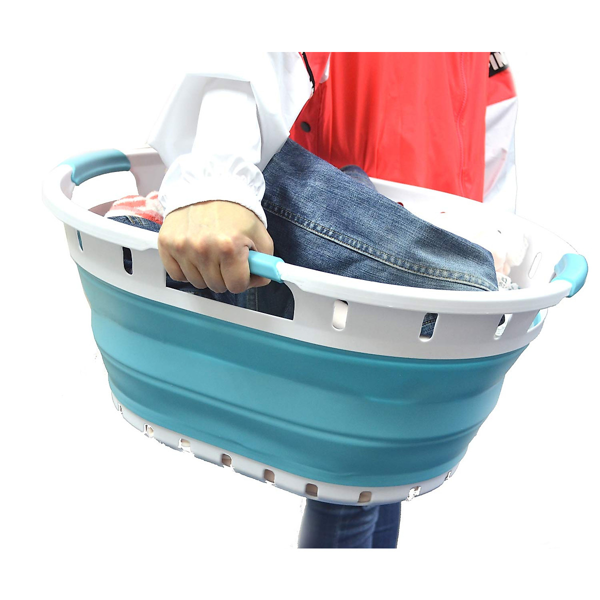 SAMMART 36L (9.5 gallon) Collapsible 3 handled Plastic Laundry Basket - Oval Basket - Foldable Storage Container/Organizer - Space Saving Laundry Hamper (2, White/Bright Blue)