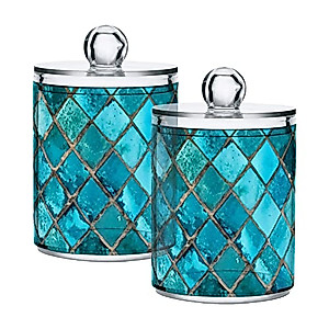 JUMBEAR 4 Pack Turquoise Grey Qtip Holder Dispenser with Lid, 14 oz Clear Plastic Apothecary Jar Set for Bathroom Vanity Organizers Storage Containers