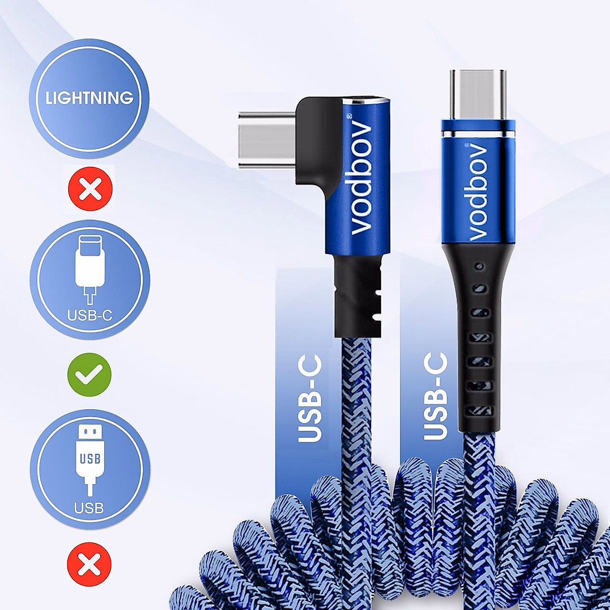 VODBOV Coiled USB-C to USB-C Cable 2ft to 8FT Fast Charging Cord Right Angle Braided 90 Degree Blue