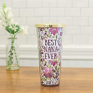 Mary Square Best Nana Ever Purple Salem Floral 24 Ounce Straw Tumbler with Goldtone Lid