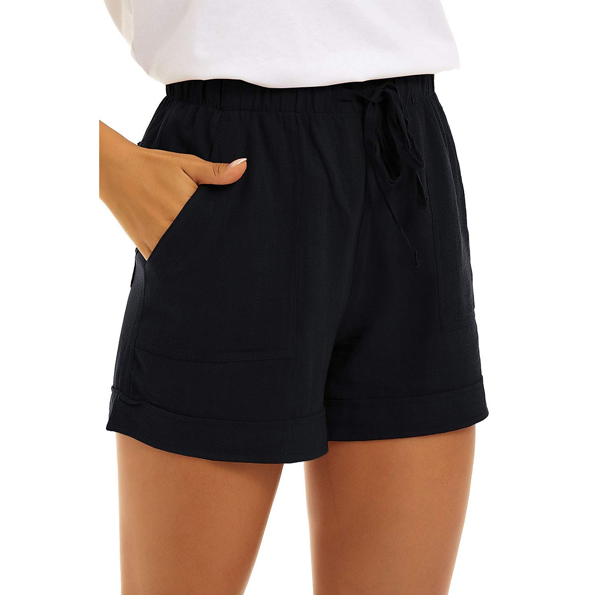 KINGFEN Womens Shorts Pull On Lounge Black Shorts for Women Casual Summer Beach Comfy Elastic Waist Drawstring Cotton Linen Short with Pockets Black X-Large