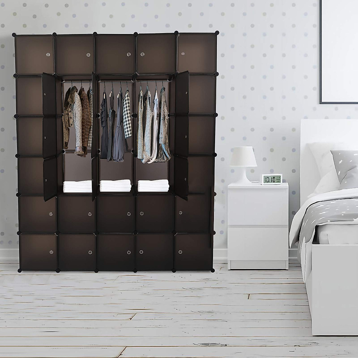 VINGLI Cube Storage Organizer, Plastic Closet Cabinet, DIY Plastic Modular Book Shelf Unit, Cube Shelves with Doors and Hanging Rods (Brown, 30 Cube- Deeper)