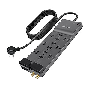 Belkin BE108230-06 8-Outlet Power Strip Surge Protector w/Flat Plug, 6ft Cord (3,550 Joules),Black & 12-Outlet Power Strip Surge Protector w/ 8ft Cord (3,940 Joules), Gray