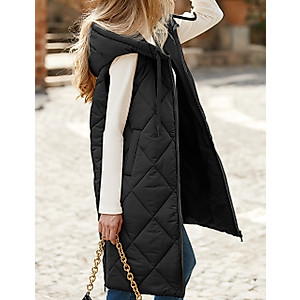 MEROKEETY Womens Hooded Long Padded Vest Coats Quilted Sleeveless Warm Outerwear with Pockets, Black, XL