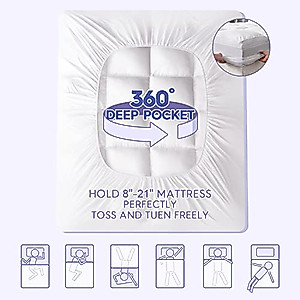 ABENE King Size Extra Thick Fusion Down Feather Filled Bed Mattress Topper for Back Pain, Plush Fluffy Doule Layer Pillowtop Luxury Mattress Pad, Cotton Fabric Soft Featherbed with Bedside Pocket