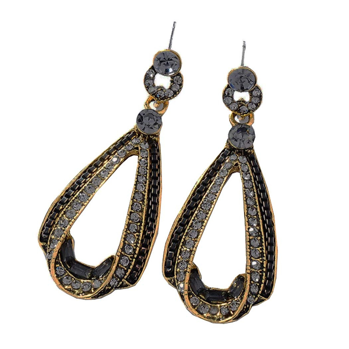 Antique Gold Bronze Tone Art Deco Vintage Gatsby Flapper Style Grey Onyx Jet Black Gray Rhinestone Dangle Earrings
