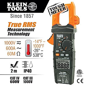 Klein Tools CL700 Autoranging Digital Clamp Meter, TRMS 600Amp, AC/DC Volts, Current, LoZ, Continuity, Frequency, NCVT, Temp, More, 1000V