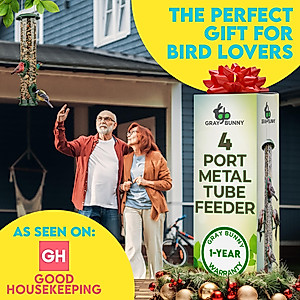 Gray Bunny Metal Bird Feeder, 4-Port Wild Bird Feeders for Outdoors Hanging, Heavy Duty Chew-Proof and Rust-Proof Tube Feeder, 15 Inches