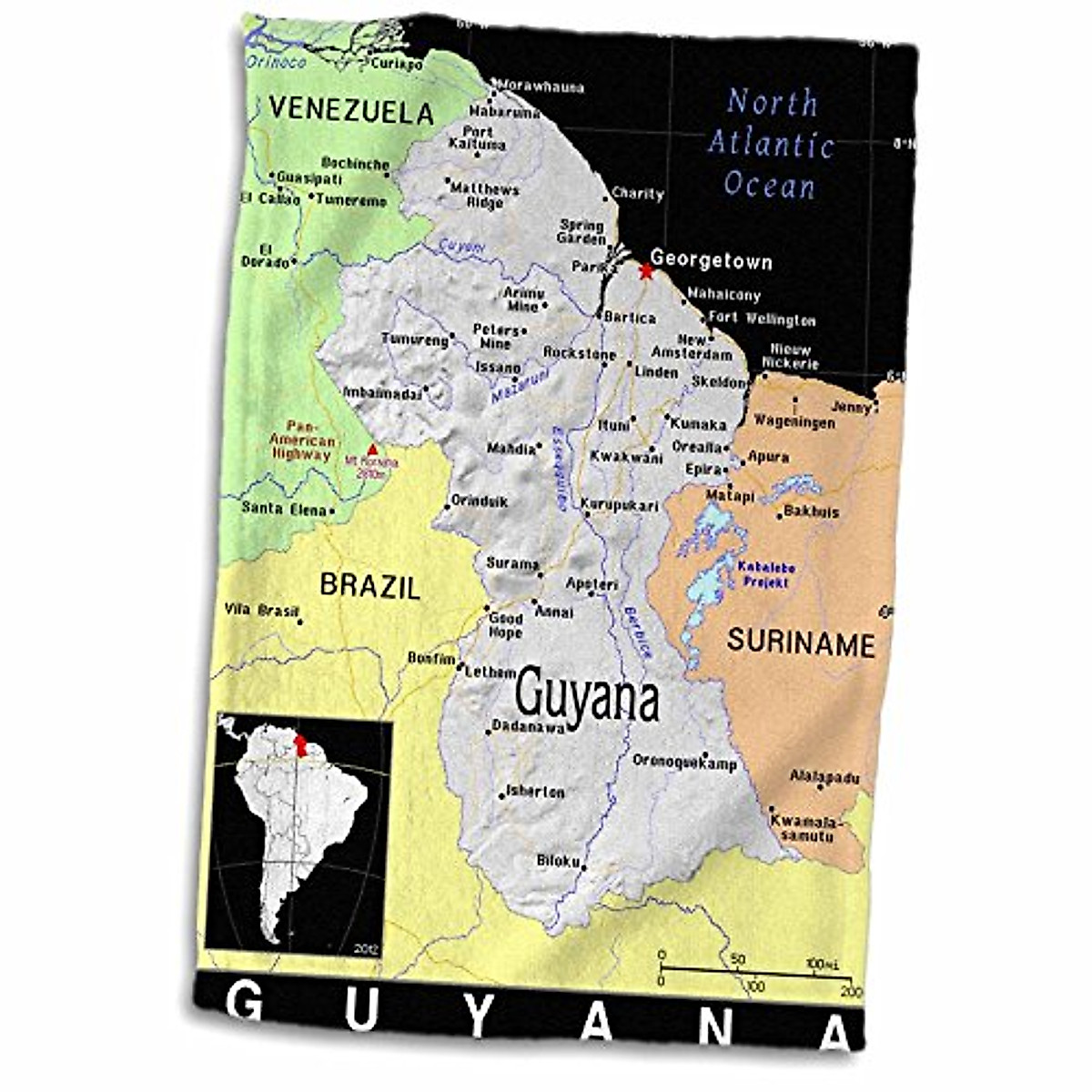 3D Rose Modern Map of Guyana in Vivid Color Towel, 15" x 22", Multicolor